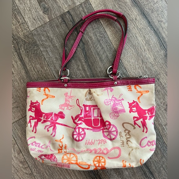 Coach | Bags | Coach Shoulder Purse Pink Horse Carriage Pattern | Poshmark